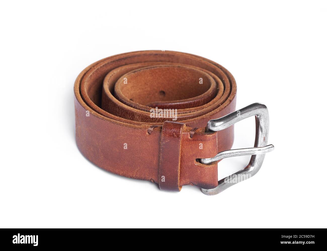 Old brown leather belt isolated on white background Stock Photo - Alamy