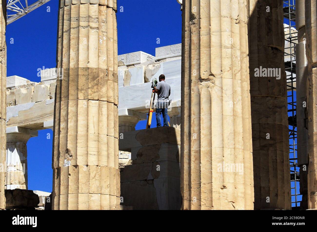 Greece, Athens, June 18 2020 - Restoration works taking place inside Parthenon temple in the ...
