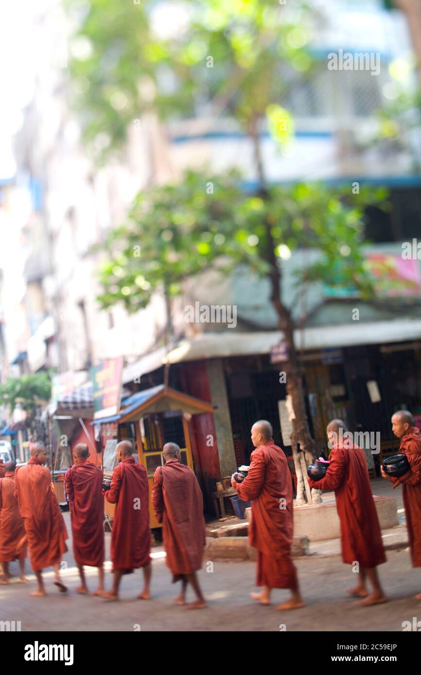 Myanmar (Burma), Yangon, monks await food donations Stock Photo - Alamy