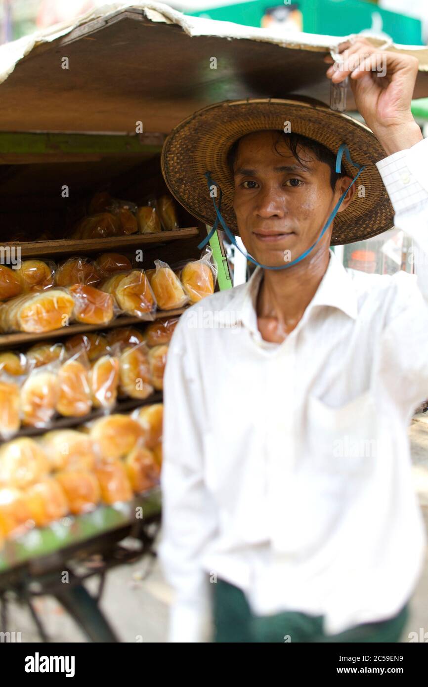 Myanmar (Burma), Yangon, bread seller Stock Photo - Alamy