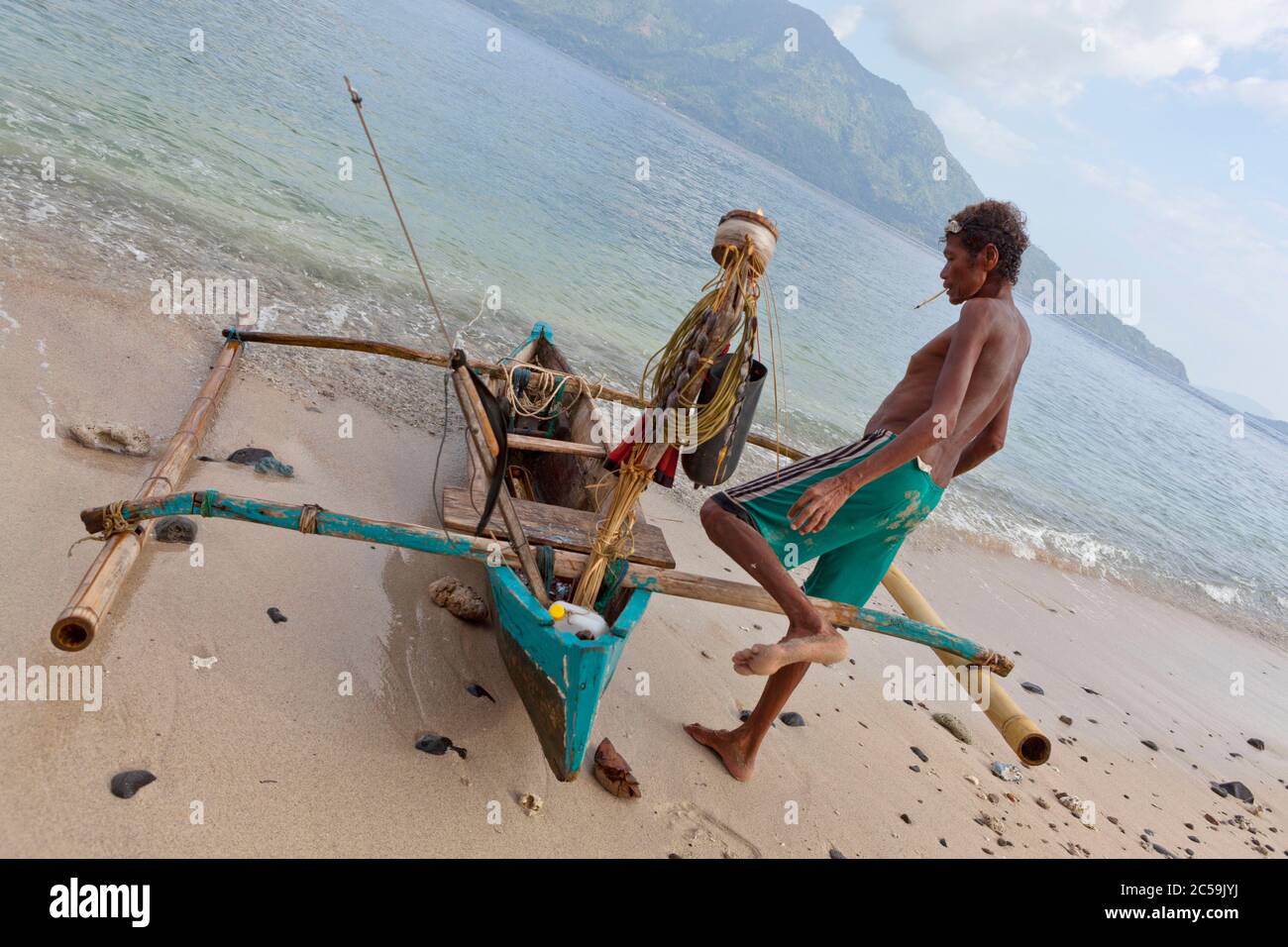 Indonesia, Nusa Tenggara, East Timor, Island of Pantar, a fisherman ...