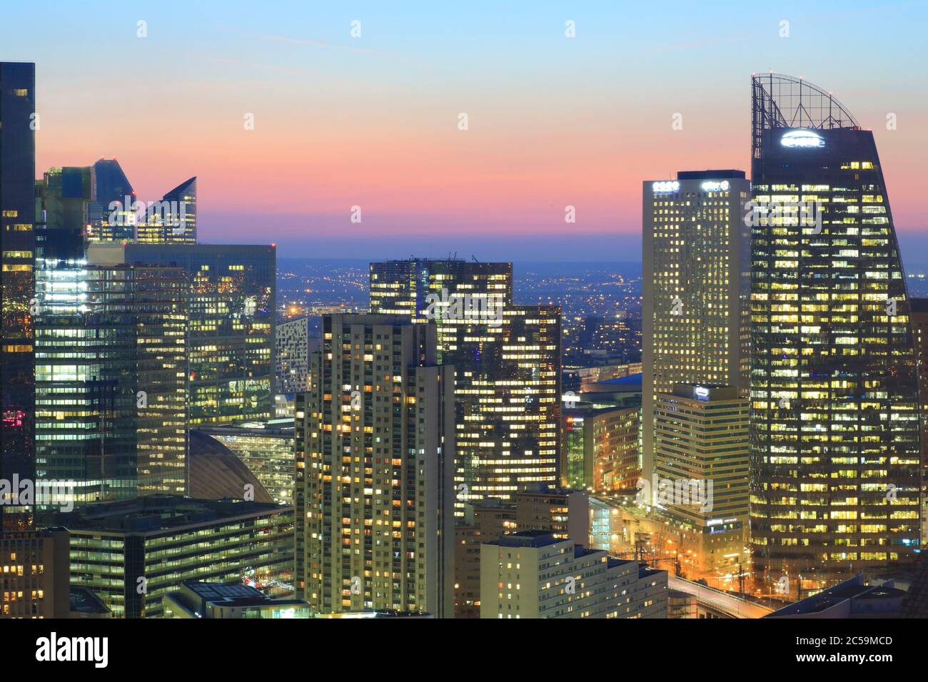 France, Hauts de Seine, La Defense, night view of the Engie and Aegean ...