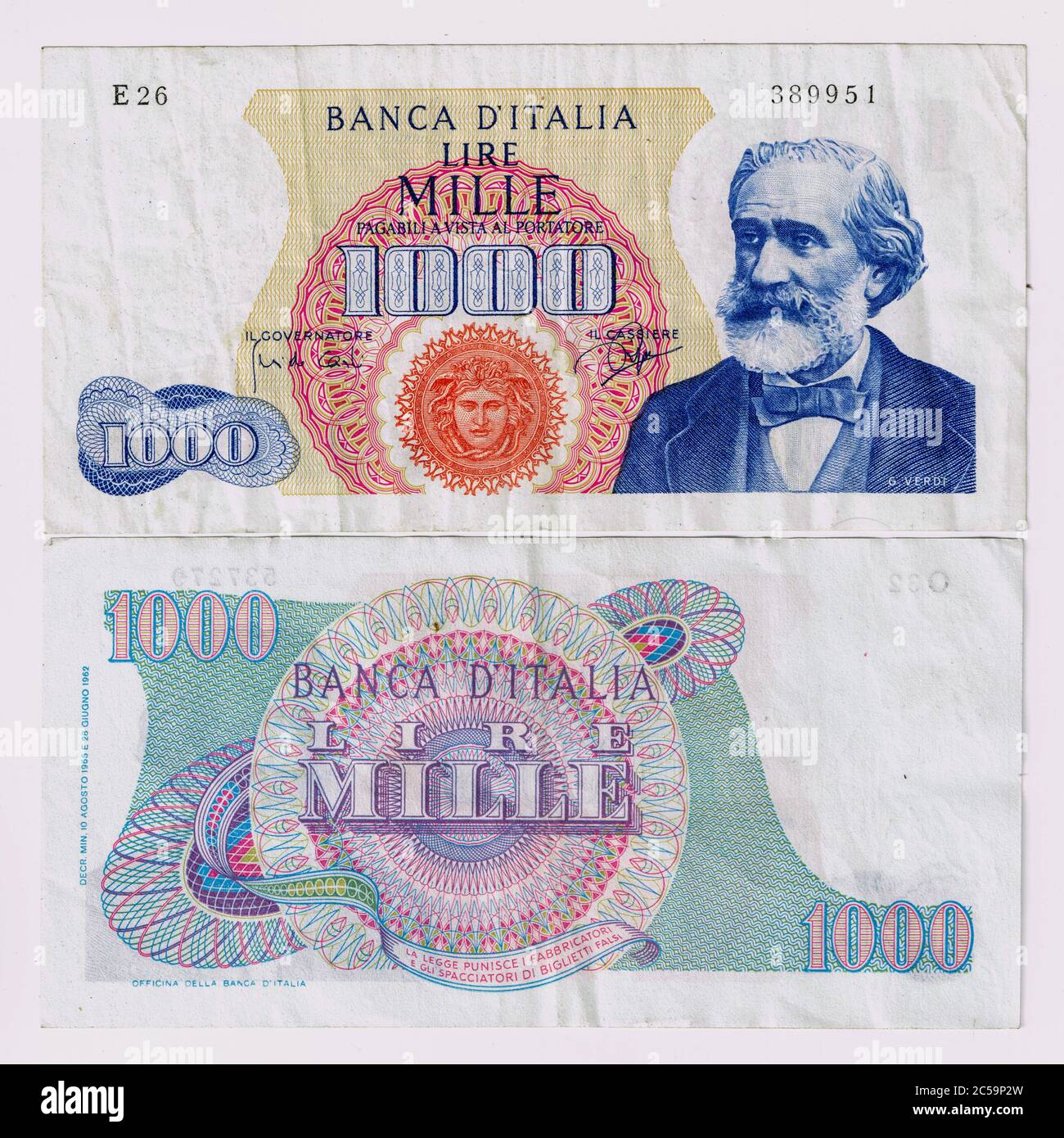 1000 lire, two sides of an Italian banknote Stock Photo - Alamy
