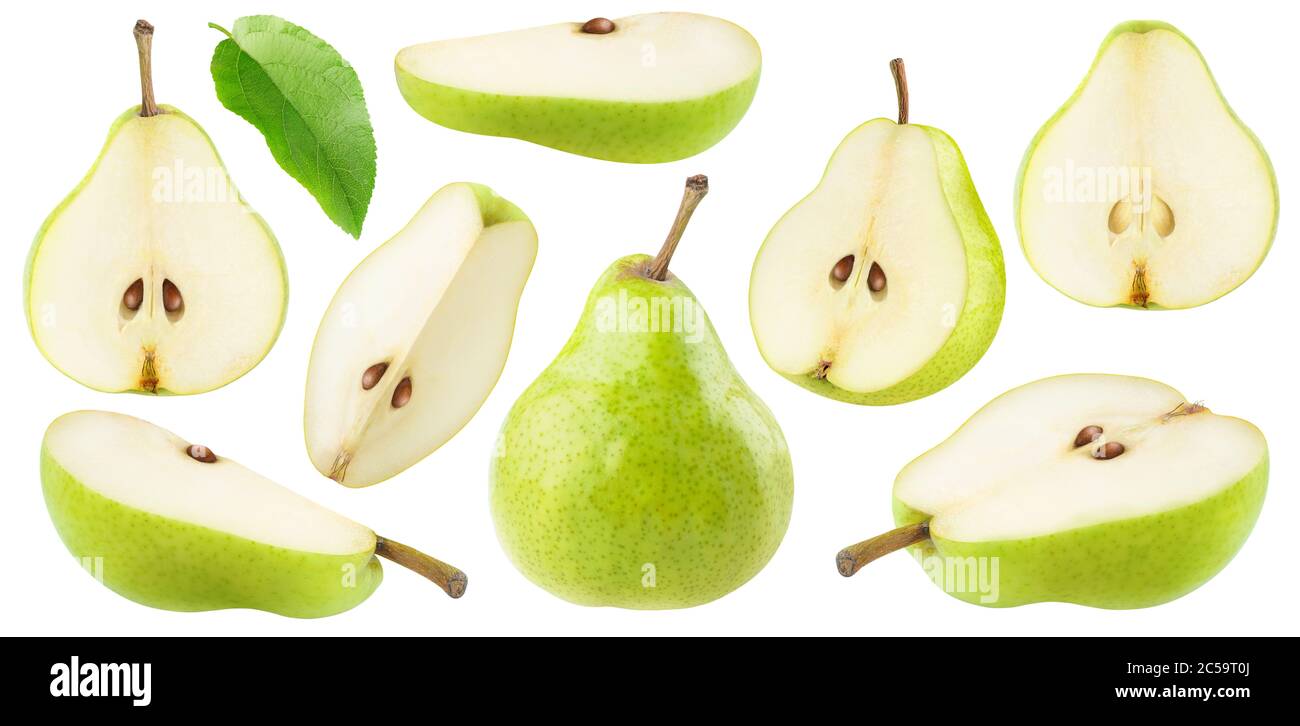Isolated cut green pear fruits. Collection of green pear pieces of ...