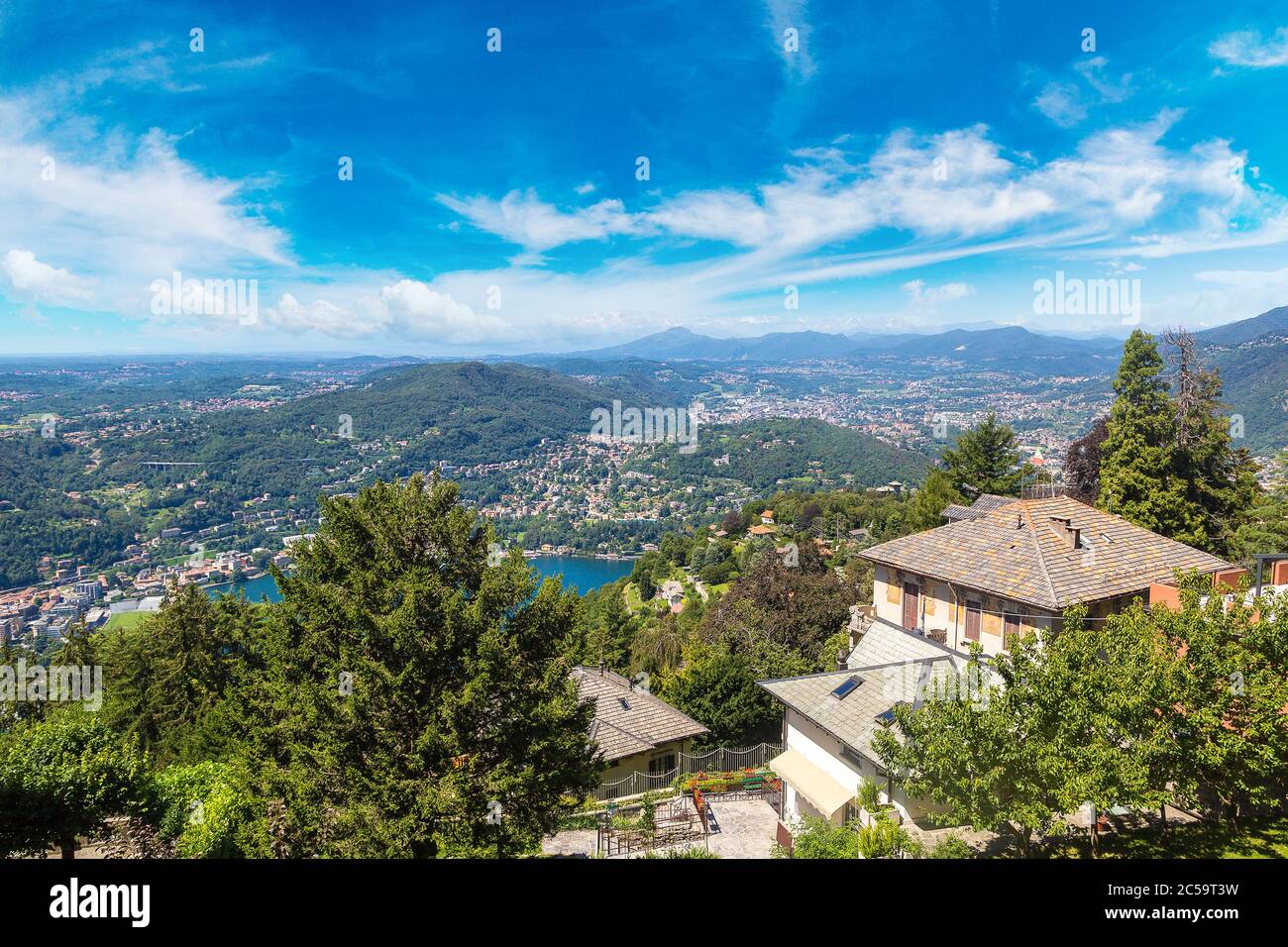 Panoramic aerial view of lake Como in Italy in a beautiful summer day ...