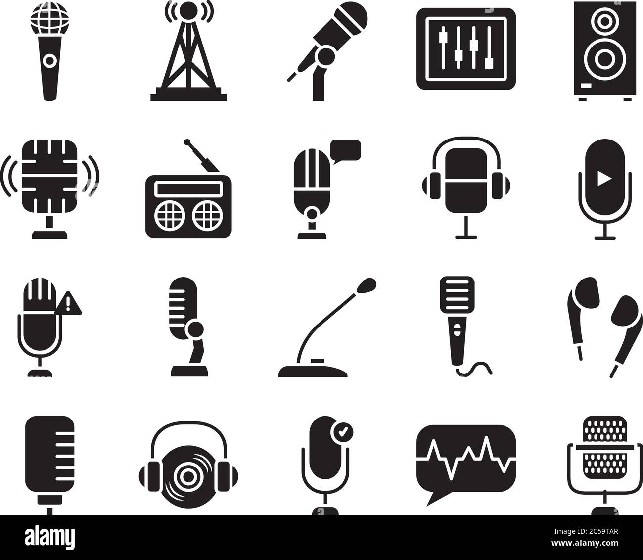 conference microphone and retro microphone icon set over white ...