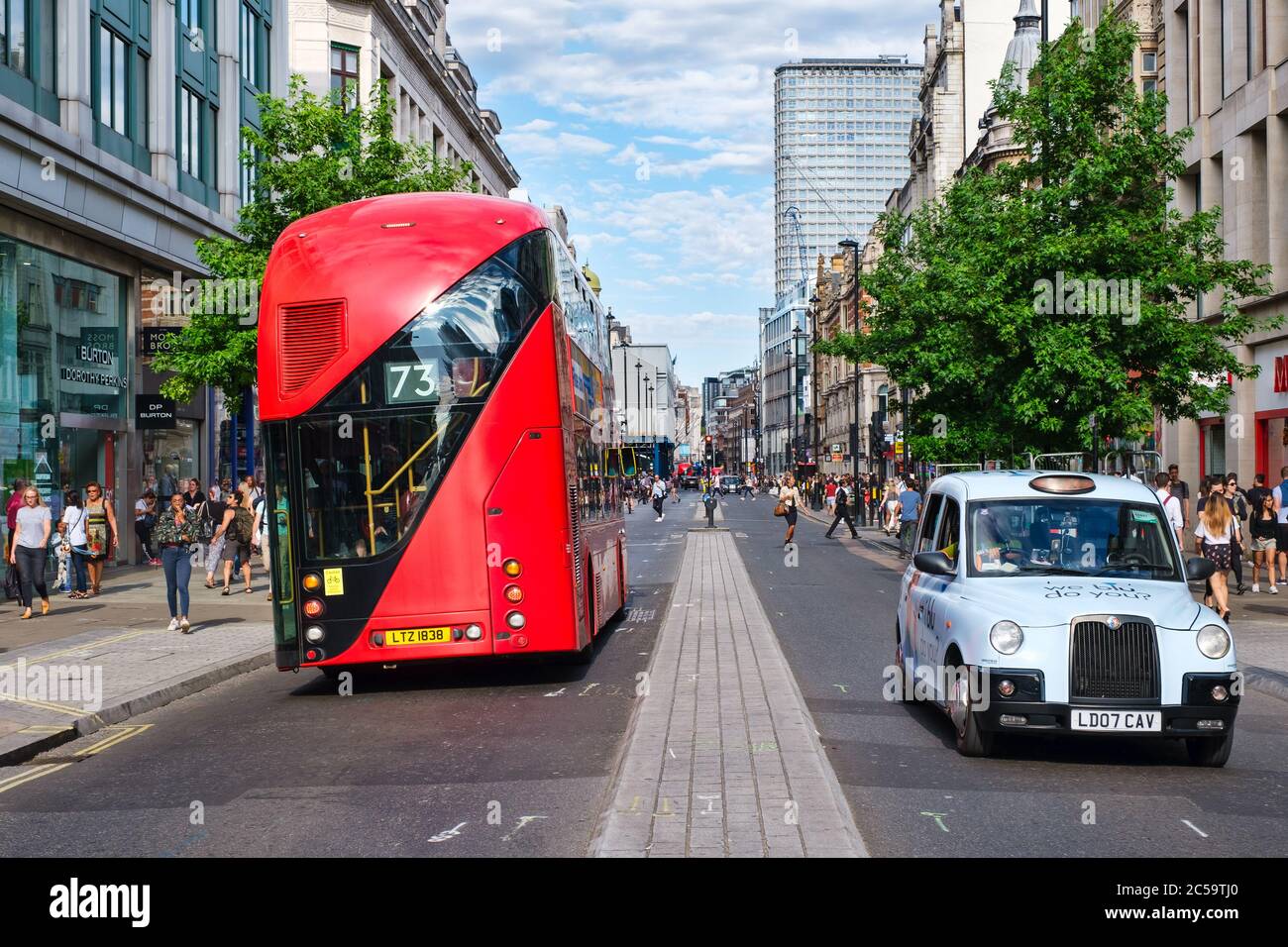 Typical cab and double decker bus at Oxford Street, the largest ...