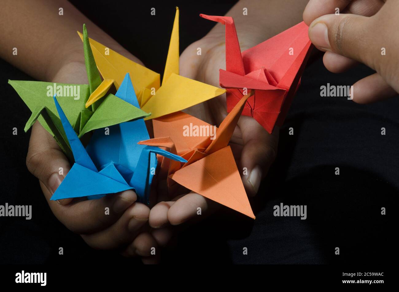 Young Girl with Origami Paper Crane (birds) in hand makes a wish ...