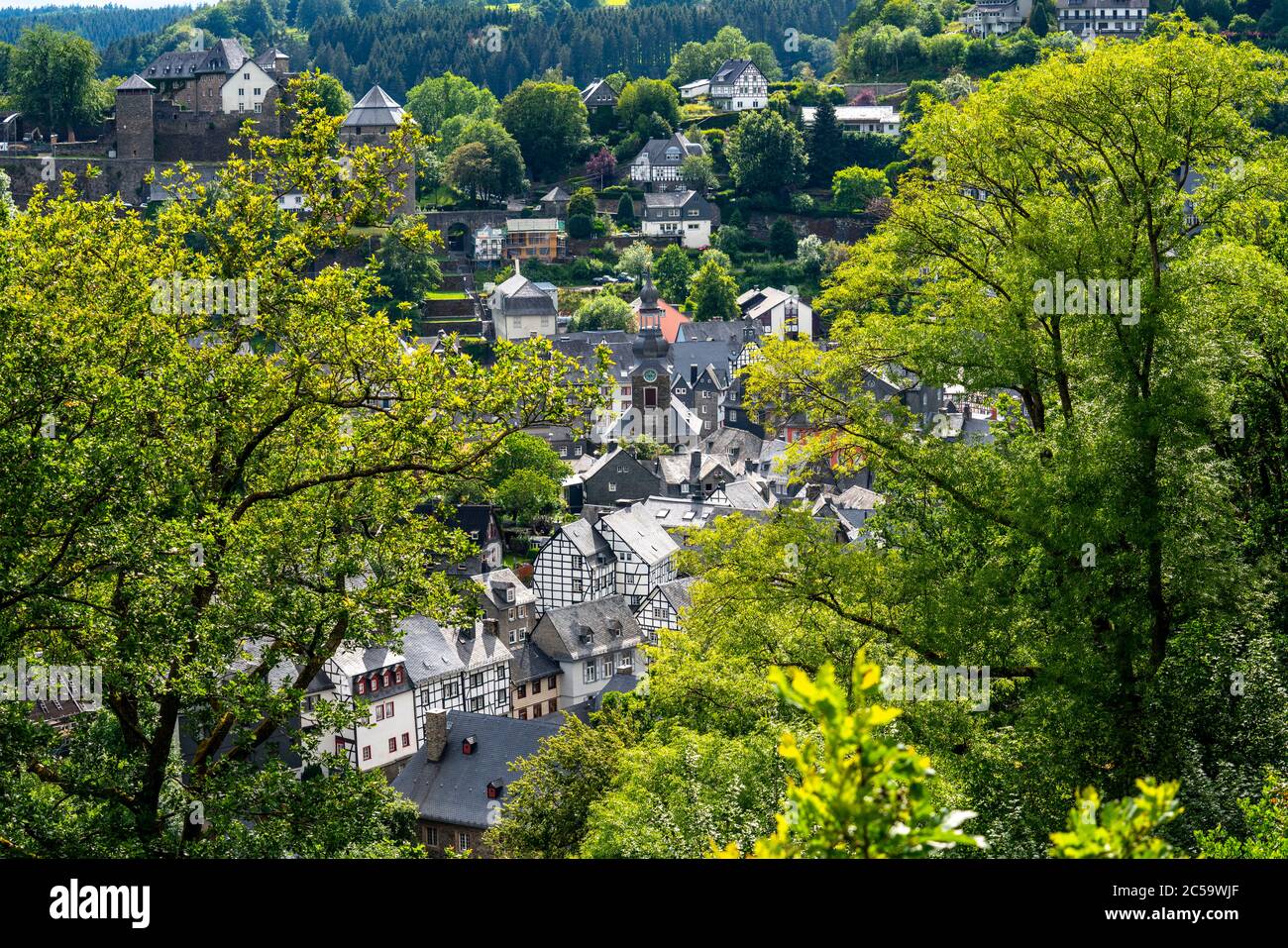 Skyline of the town of Monschau, in the Eifel region, half-timbered ...
