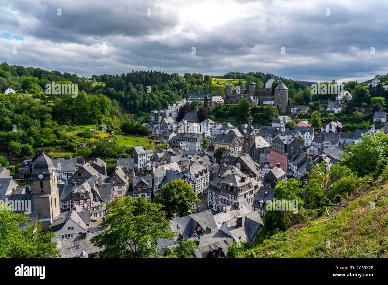 Skyline of the town of Monschau, in the Eifel region, half-timbered ...