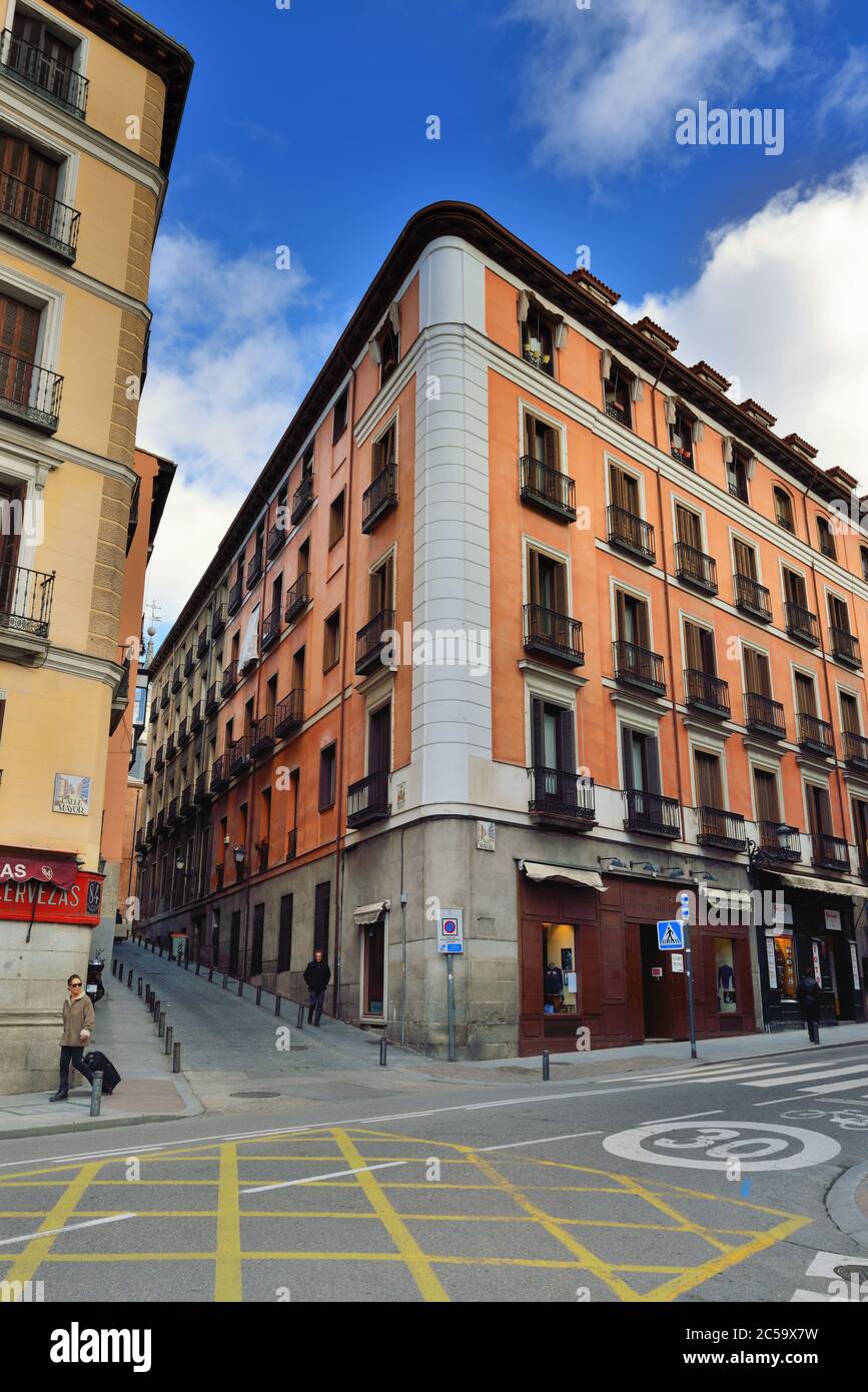 MADRID, SPAIN - MAR 03, 2014: Historical houses on Calle Mayor. Main ...