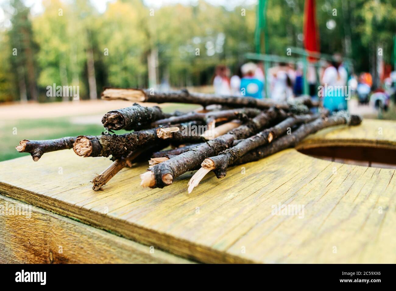 Summer team building tools in the forest Stock Photo - Alamy