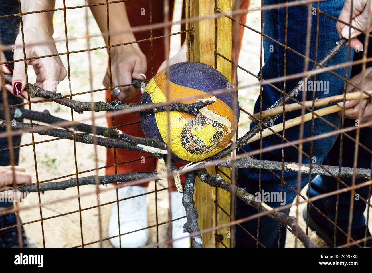 Team building team plays outdoors in summer with a ball closeup Stock ...