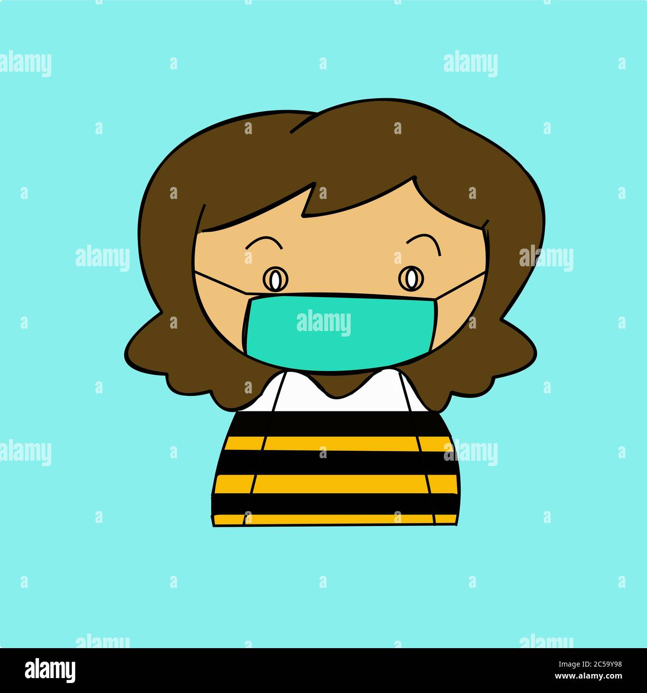 Digital illustration of cartoon girl striped shirt and green medical ...
