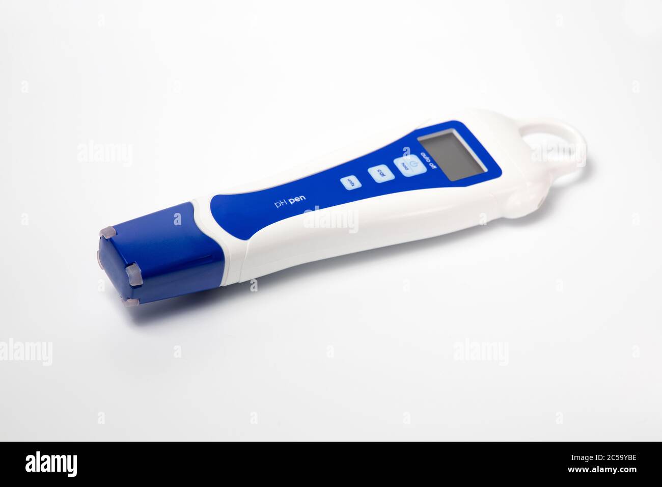 A digital pH measuring device on a white background. Modern laboratory ...