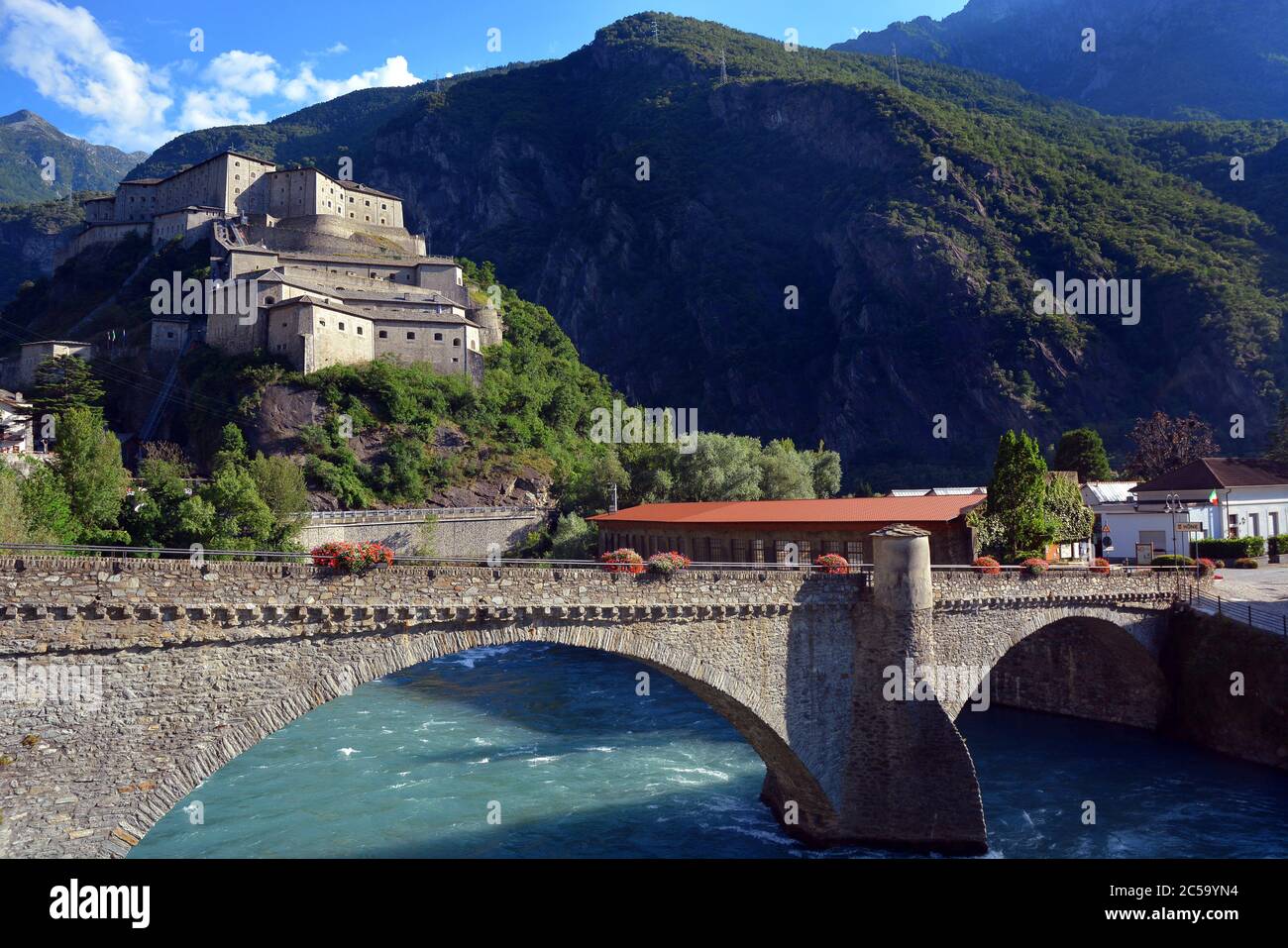 Bard, Aosta Valley, Italy- View of the Fort of Bard and the bridge on ...