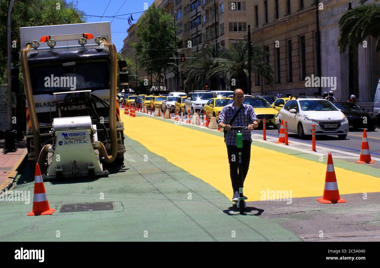 Greece, Athens, June 17 2020 - Pedestrian footway and cycle track under ...