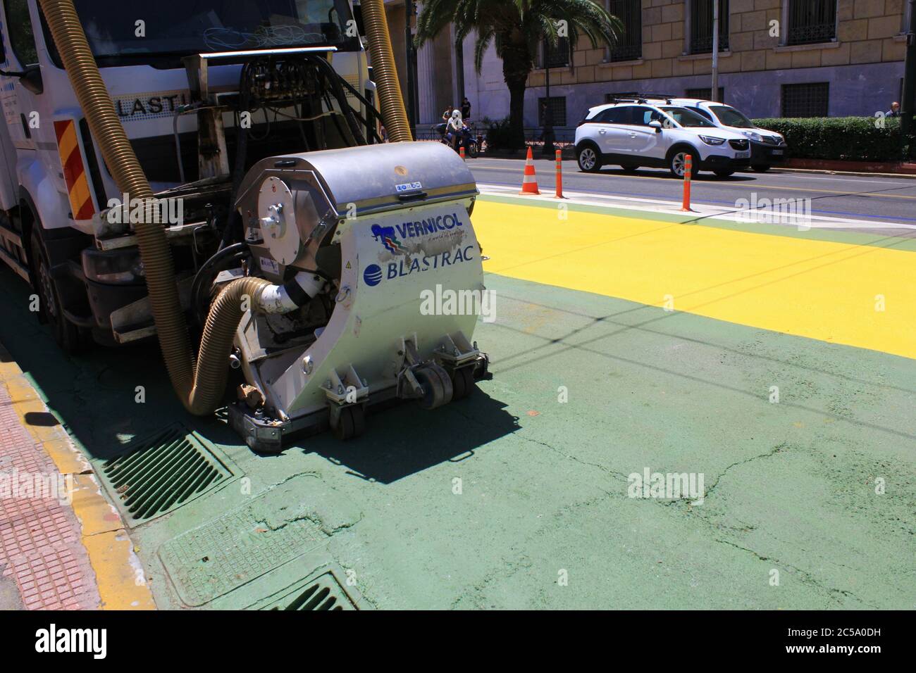 Greece, Athens, June 17 2020 - Pedestrian footway and cycle track under ...