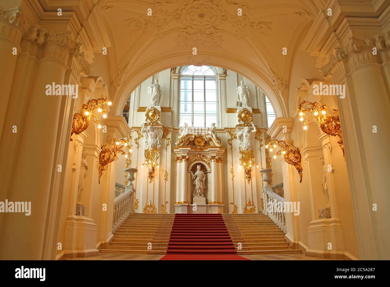 Beautiful decorated interior with gold & red carpet. Lower part of ...
