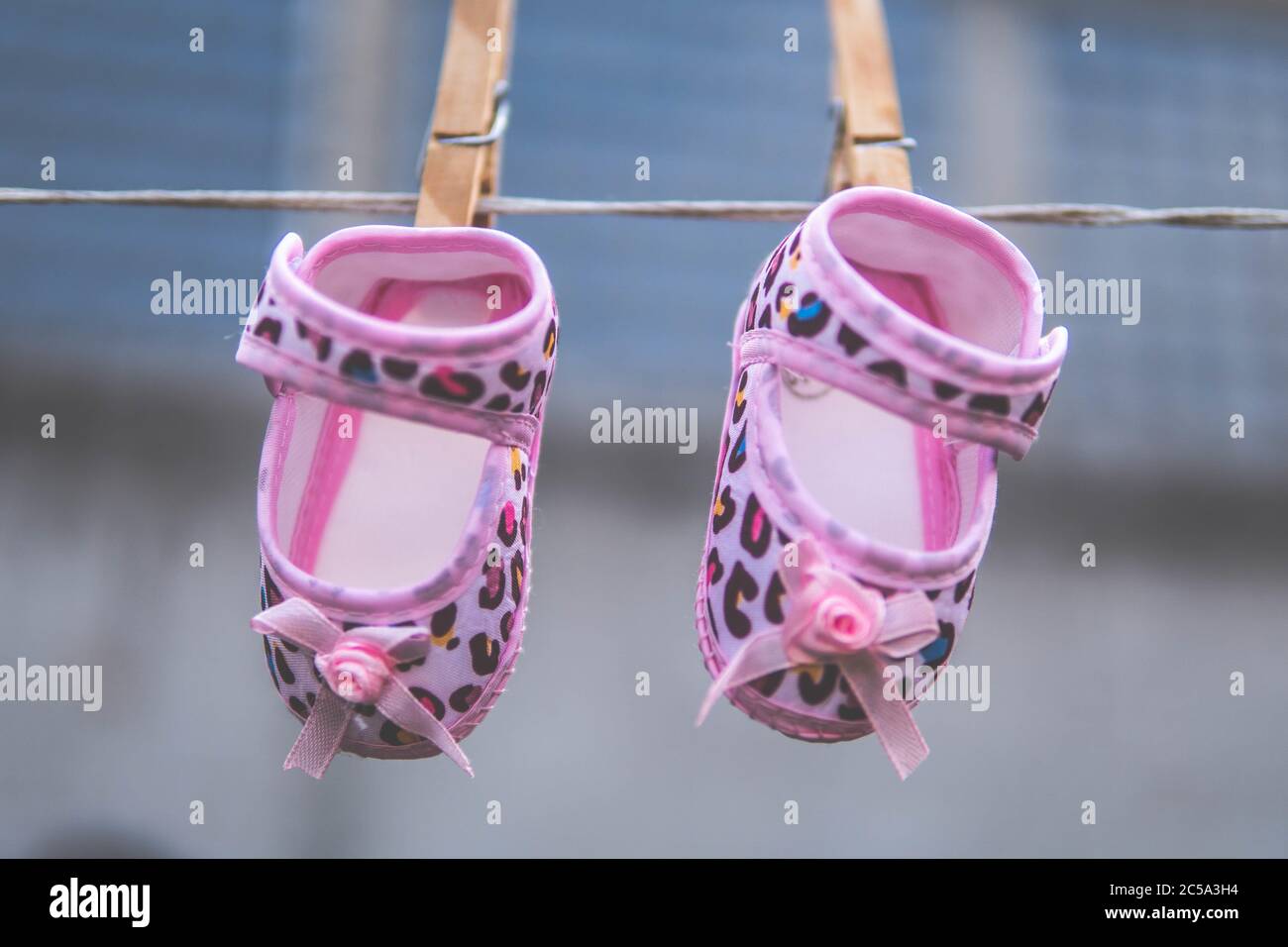 Pair of cute, pink-colored baby shoes with brown dots hanging from the ...