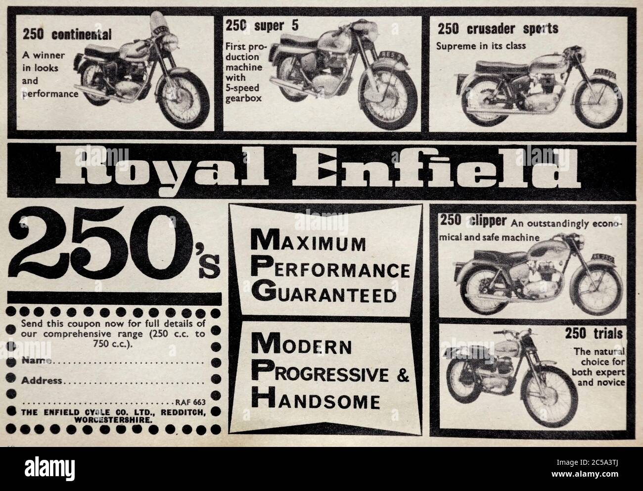 Vintage advertisement for the British Royal Enfield range of 250cc motorcycles Stock Photo - Alamy