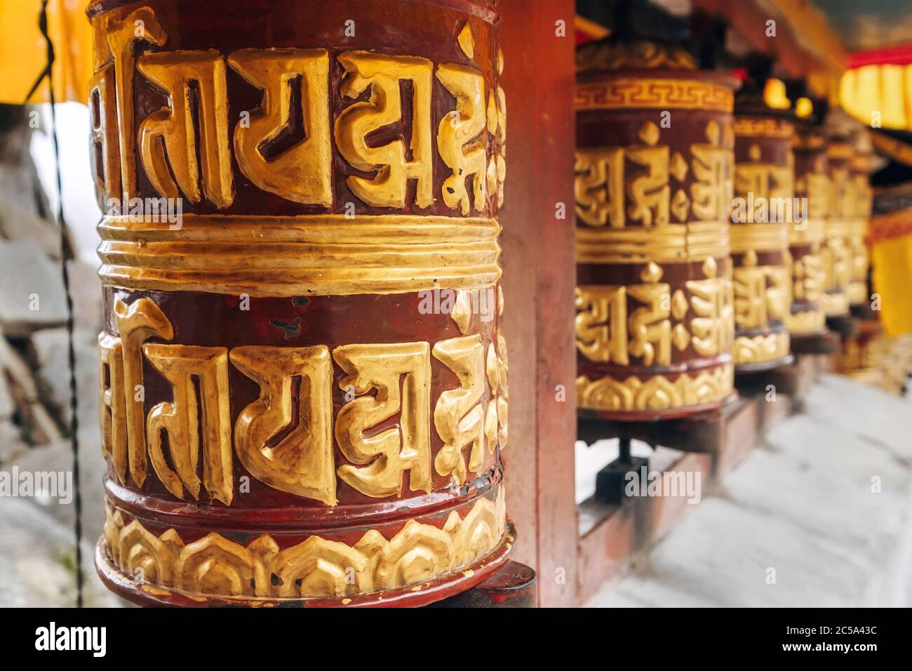 Traditional Ornate Tibetan prayer wheel in Pangboche monastery, Khumbu ...
