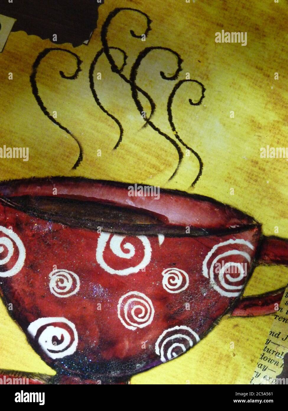 Closeup shot of a beautiful coffee cup decoupage on a wooden furniture ...