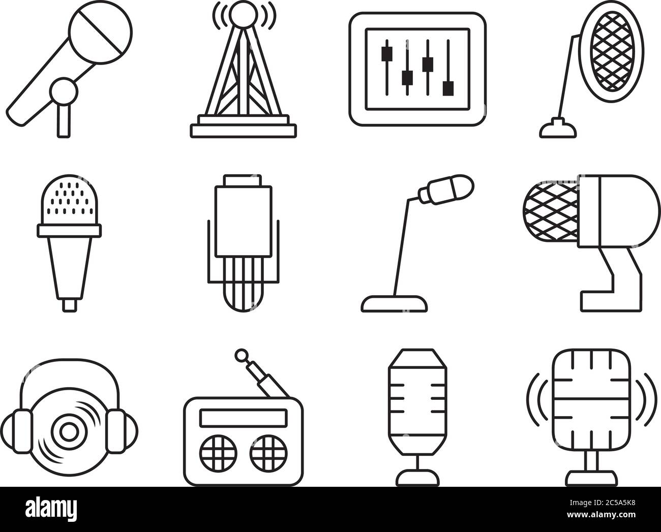 desk microphone and microphones icon set over white background, line ...