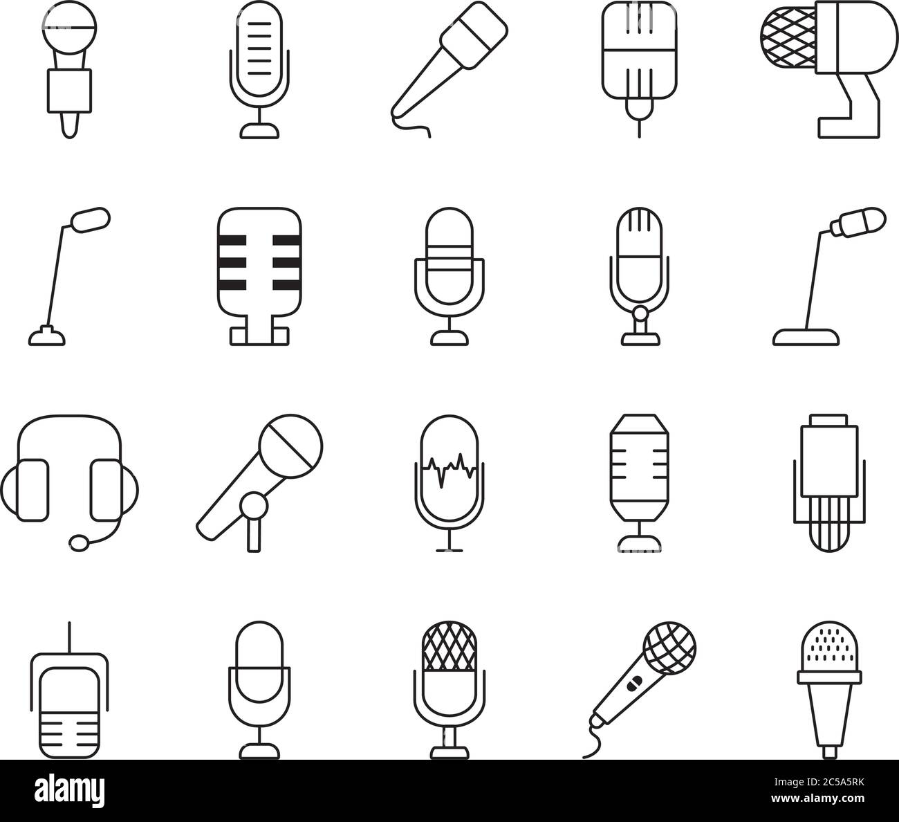headphones and microphones icon set over white background, line style ...