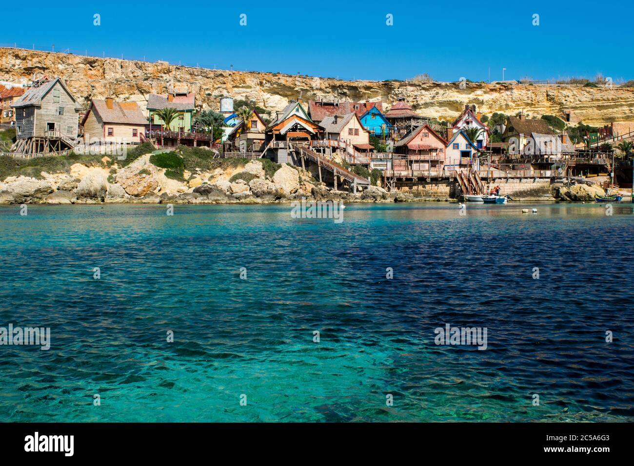 MELLIEHA, MALTA - Feb 15, 2017: Popeye Village, colourful wooden huts ...