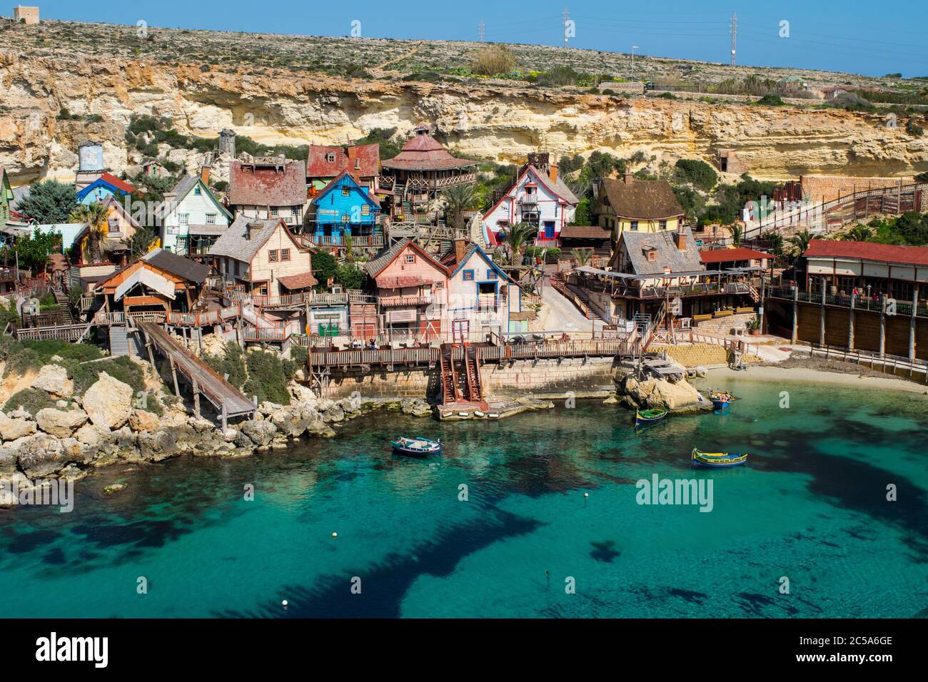 MELLIEHA, MALTA - Feb 15, 2017: Popeye Village, colourful wooden huts ...