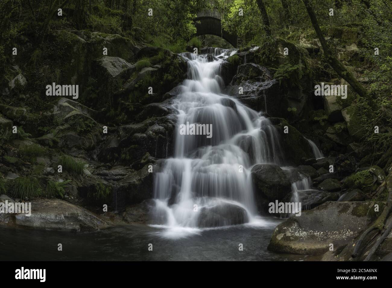 Beautiful waterfall streaming down into the creek surrounded by rocks ...