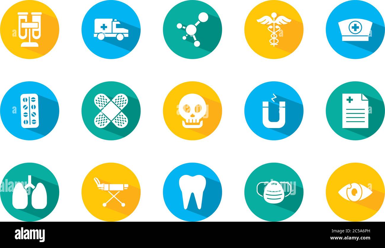 set of skull and medical icons over white background, block style ...