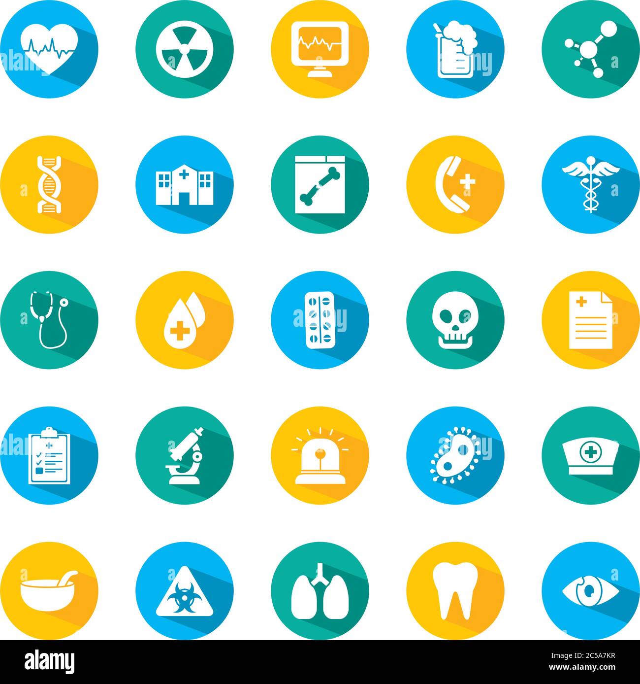 set of nuclear symbol and medical icons over white background, block ...