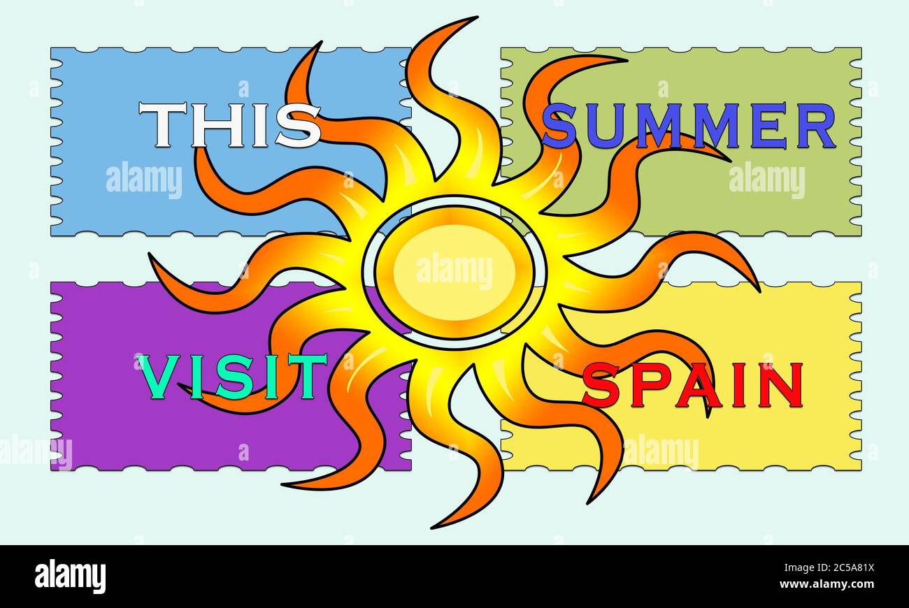 Illustration of colorful labels with the message "This summer visit ...