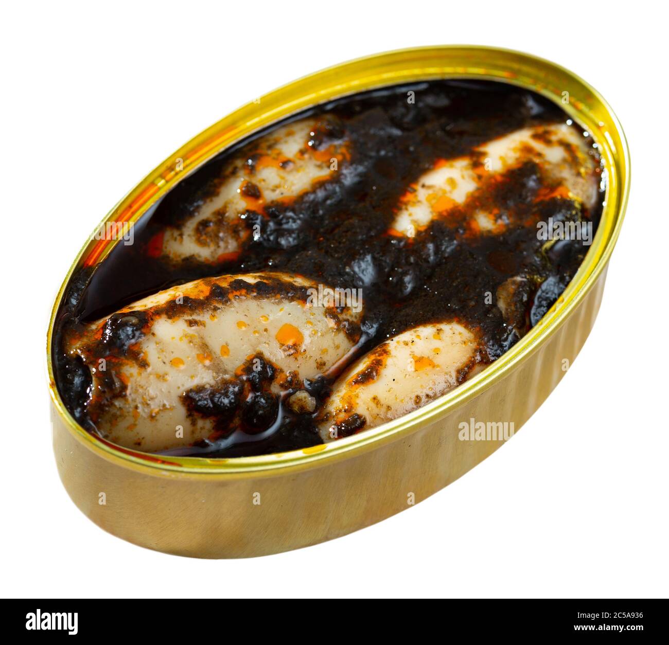Open can with squid in ink. Isolated over white background Stock Photo ...
