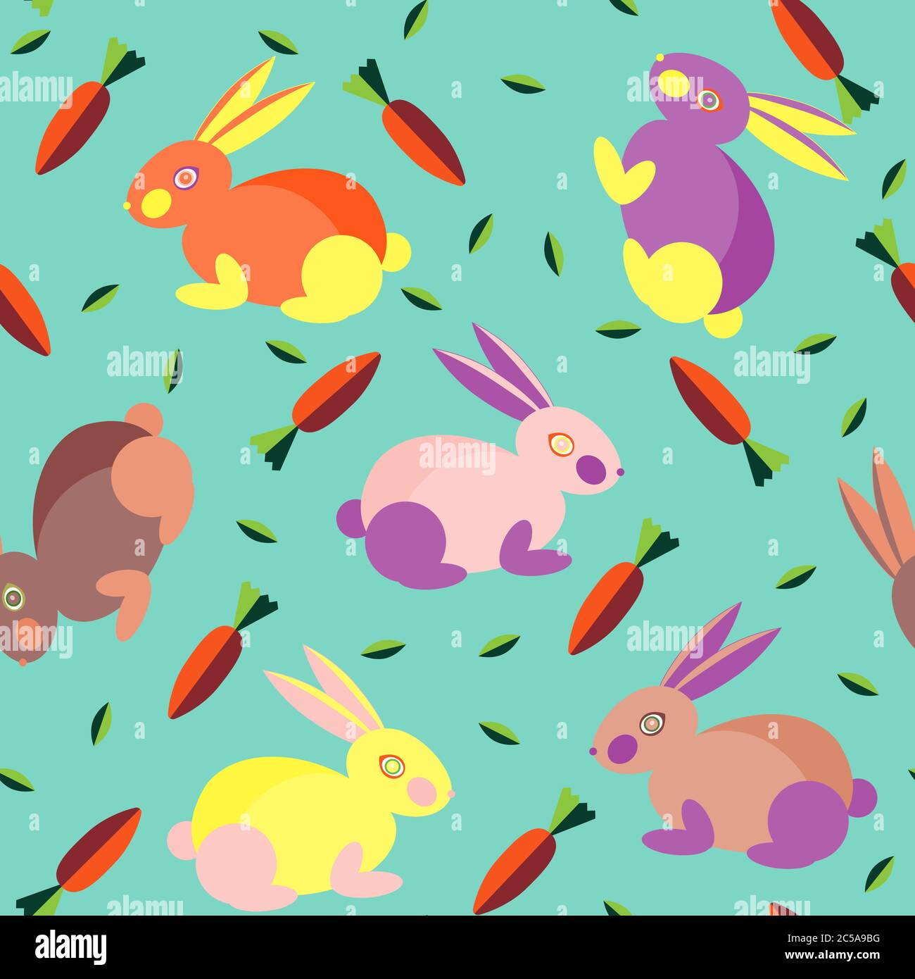 Seamless pattern with cute colorful rabbits, carrots and leaves Stock ...