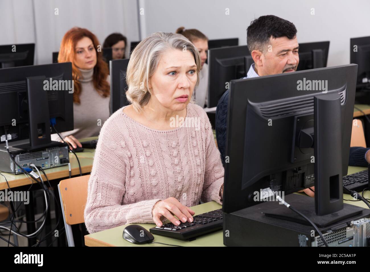 Middle aged woman taking computer lessons with group of elderly people ...