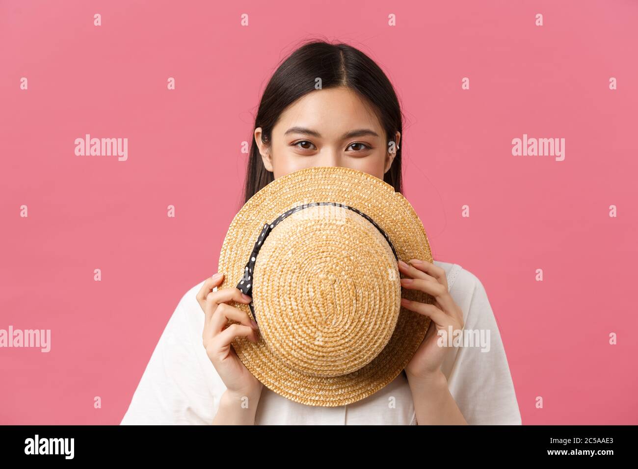 Beauty, people emotions and summer leisure concept. Close-up of shy and ...