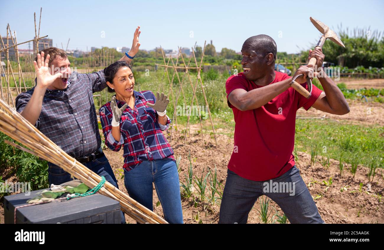 Angry neighbors quarrel on the border of the garden Stock Photo - Alamy