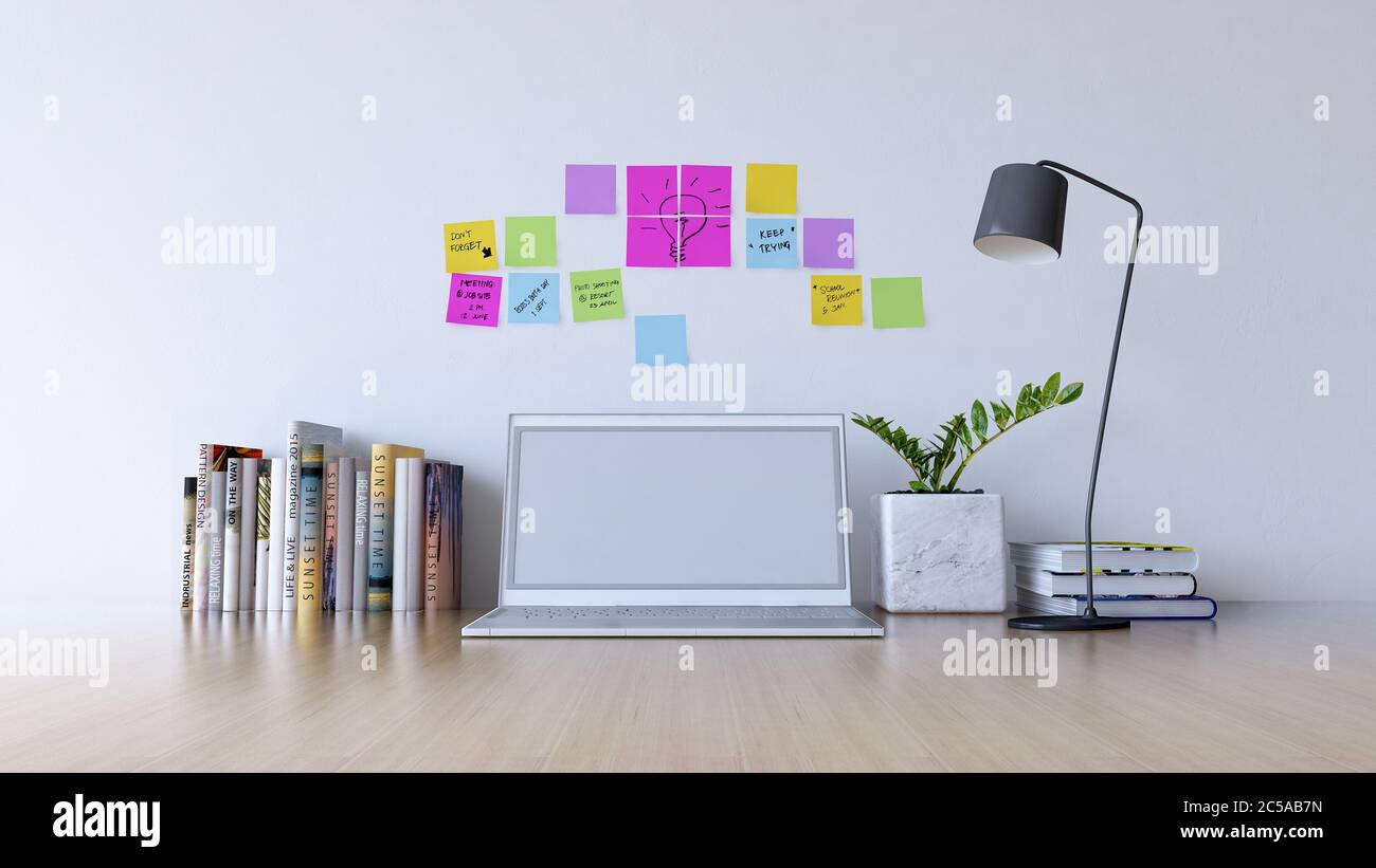 3d rendering of wooden working table which have laptop, book,notebook ...