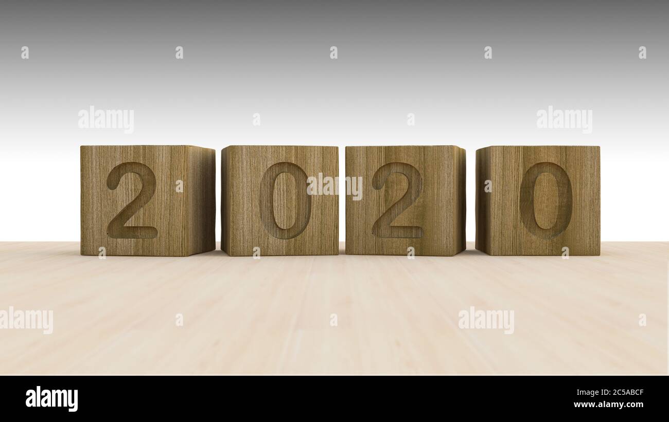 3d rendering image of 2020 wooden cubes placed on the wooden floor ...