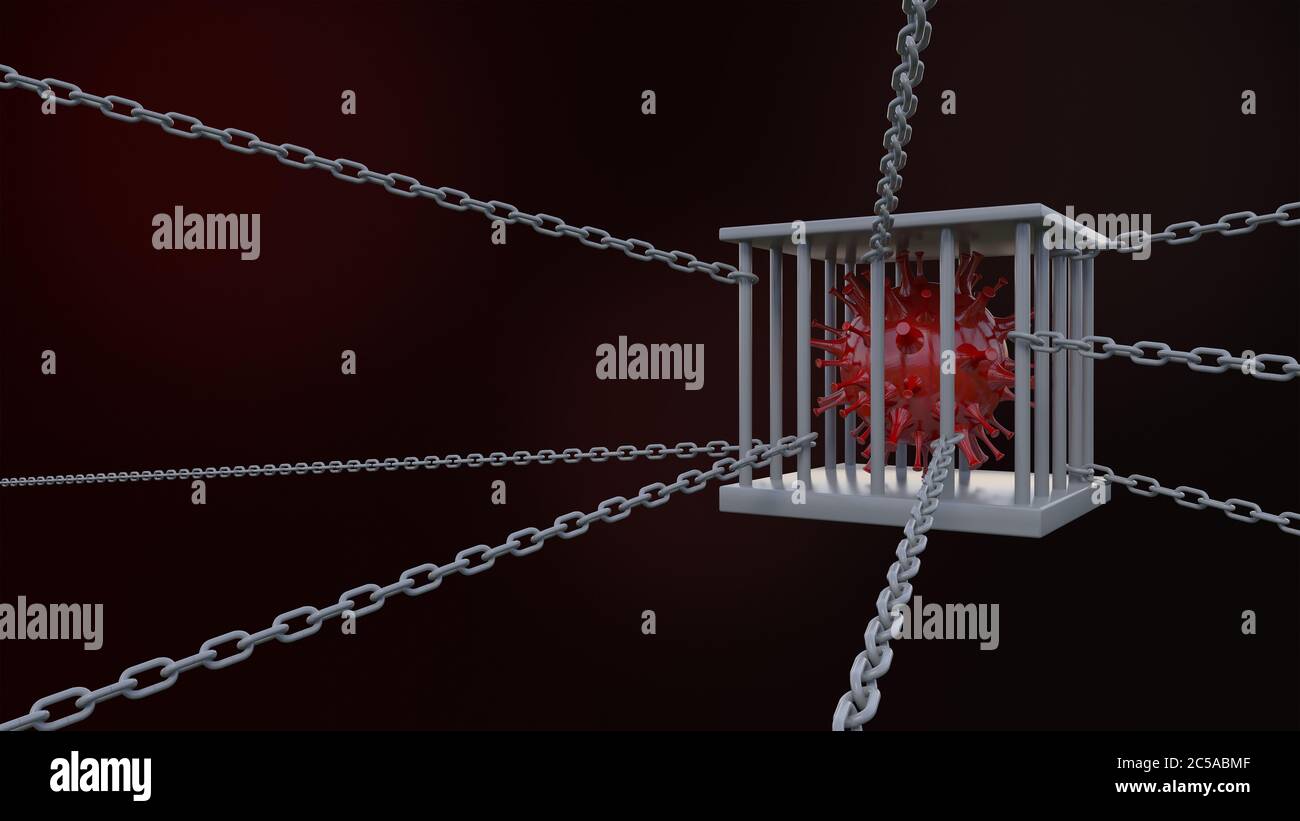 3d rendering of simple covid-19 virus mode in iron cage on the floor ...