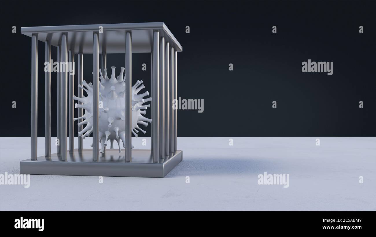 3d rendering of simple covid-19 virus mode in iron cage on the floor ...
