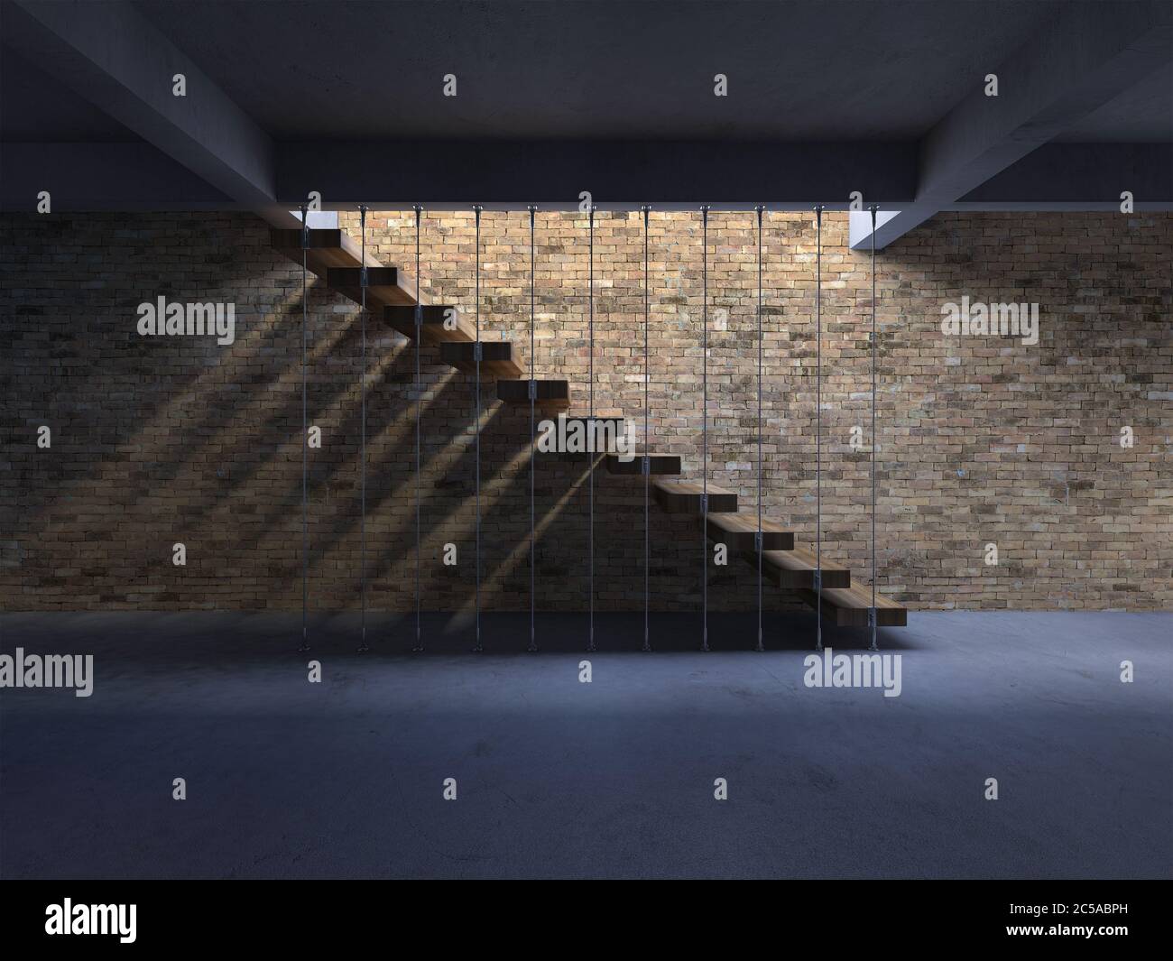 3d rendering image of hanging wooden stair witch have shadow on the ...