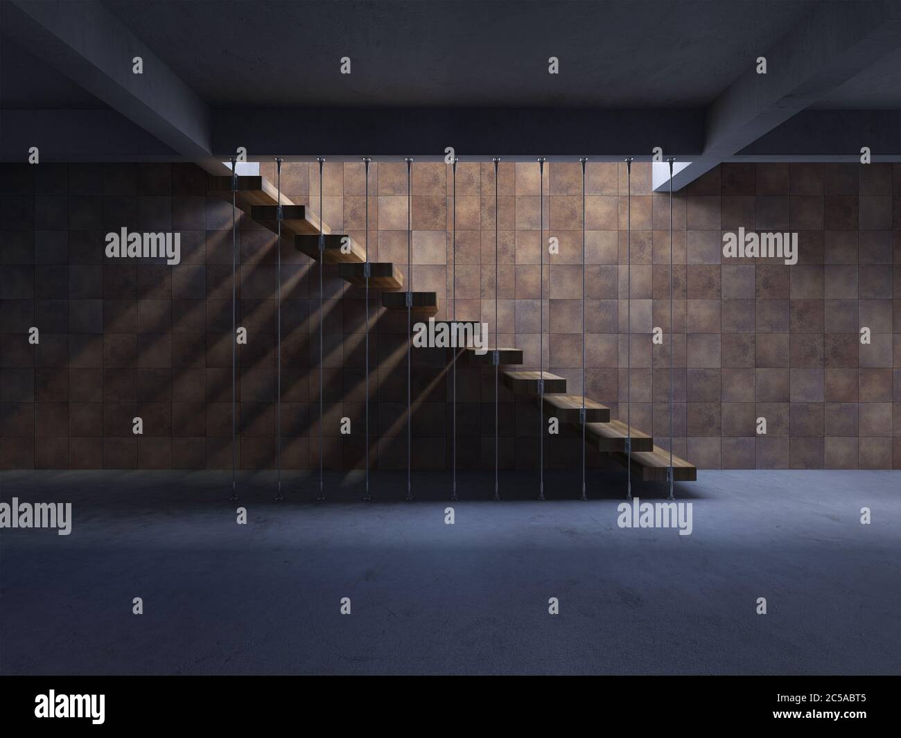 3d rendering image of hanging wooden stair witch have shadow on the ...