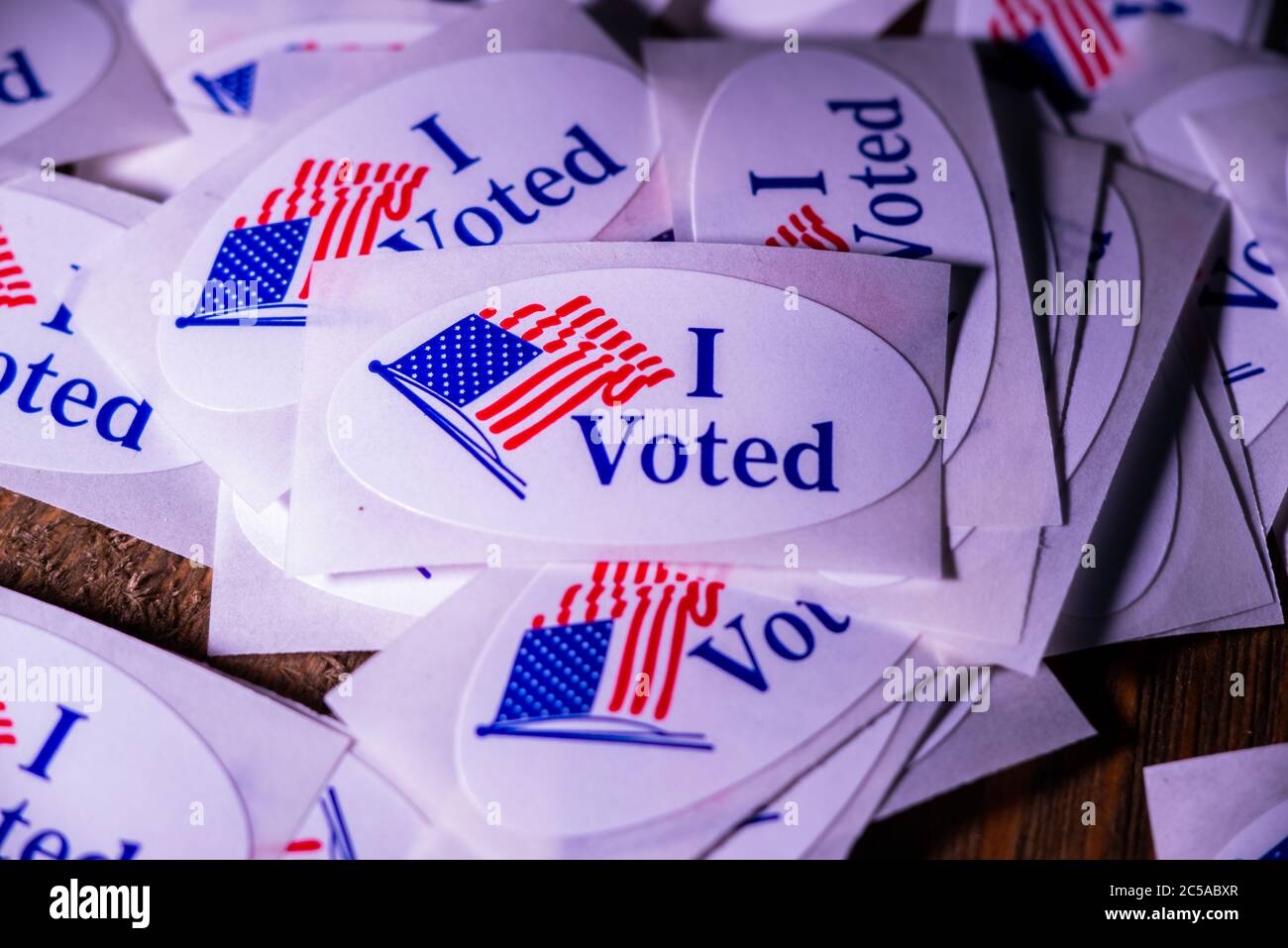 Shiloh, IL--Jul 1, 2020; pile of red white and blue oval stickers with ...
