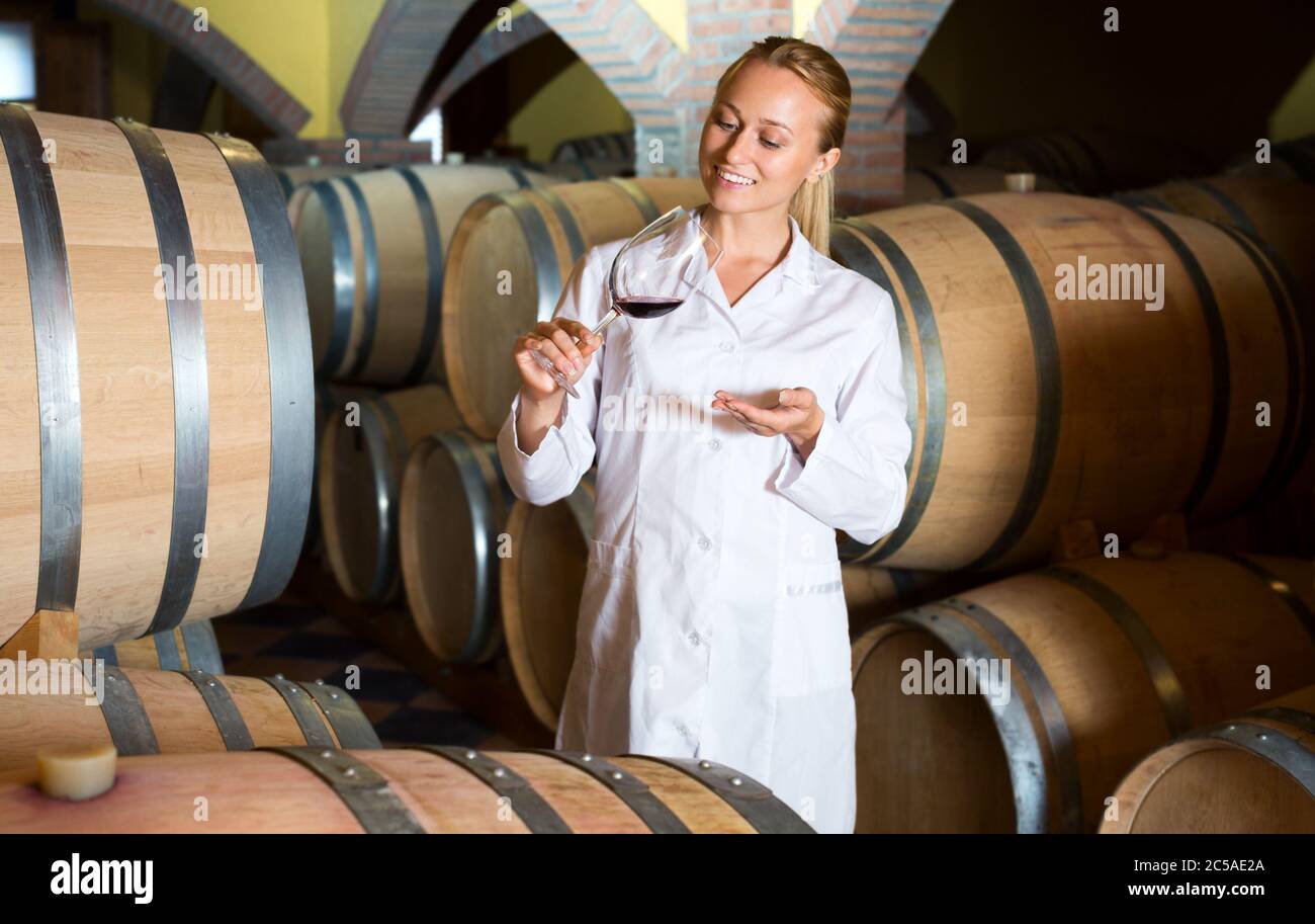 Female wine house worker checking quality of product in cellar Stock ...