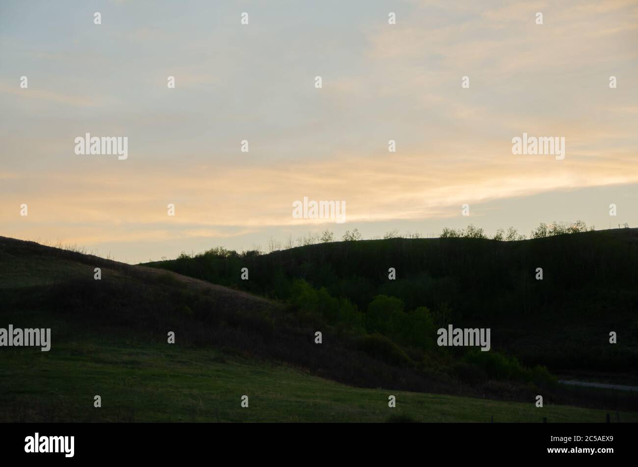 Hills covered in greens gleaming under the pink cloudy sky Stock Photo ...