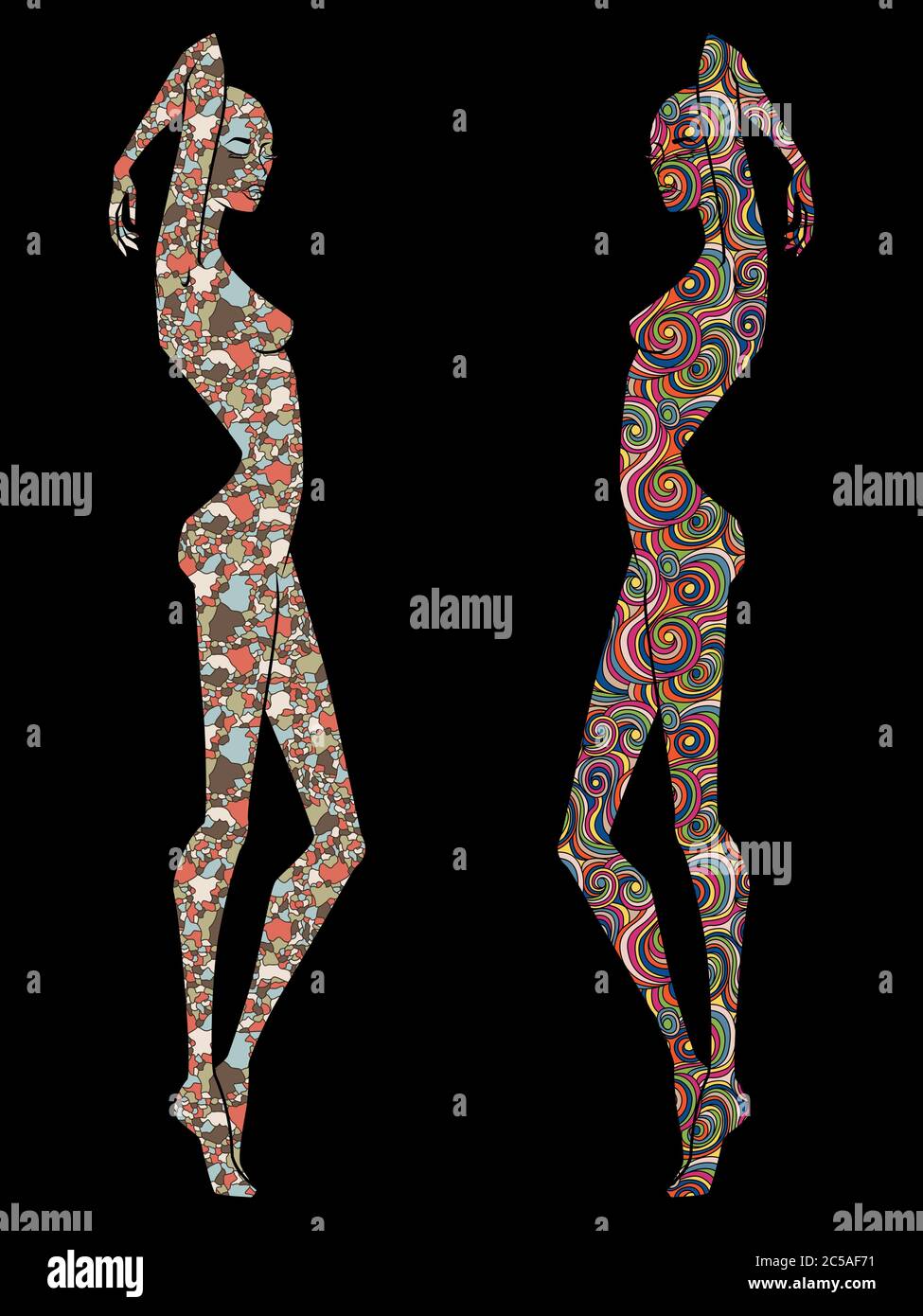 Stylized sketch of two ladies body contour decorated various patterns ...